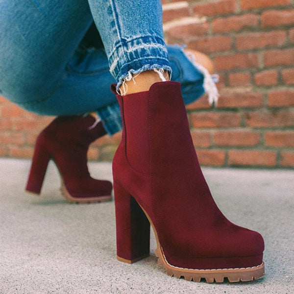 Women’s Suede Ankle Boots with Thick High Heels | Wazzi's Wear